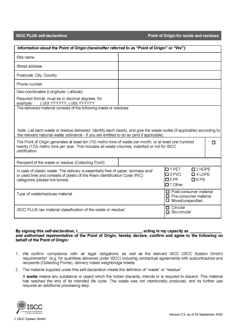 ISCC PLUS self-declaration for Point of Origin for waste and residues ...