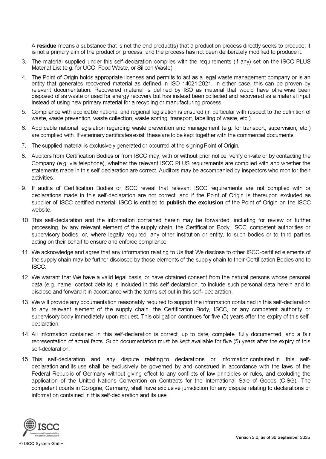 ISCC PLUS self-declaration for Point of Origin for waste and residues ...