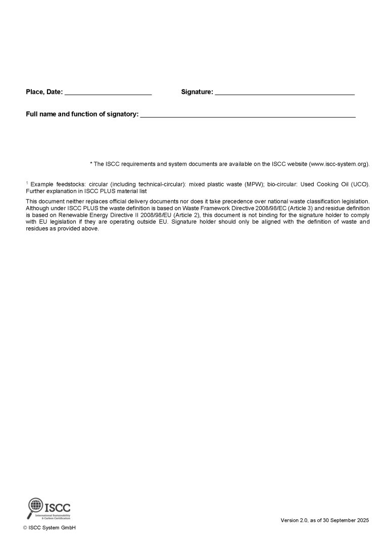 ISCC PLUS self-declaration for Point of Origin for waste and residues ...