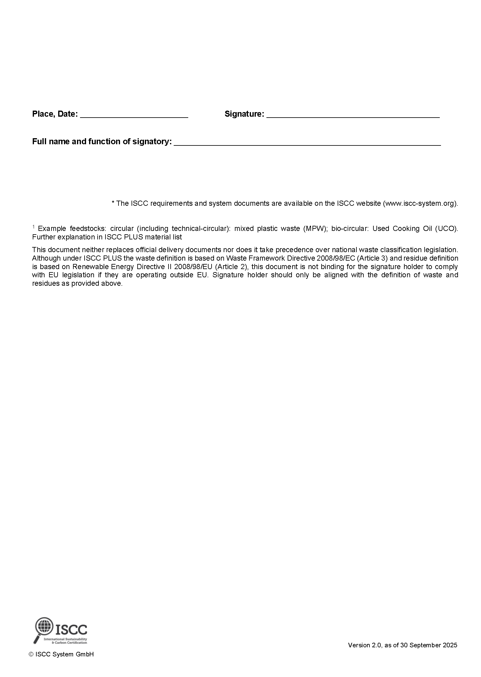 ISCC PLUS self-declaration for Point of Origin for waste and residues ...